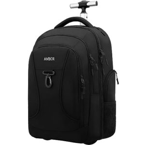 ambor rolling backpack, waterproof 18 inch wheeled backpack, carry-on bag luggage suitcase compact business backpack with wheels, student rolling laptop bag carry luggage - black