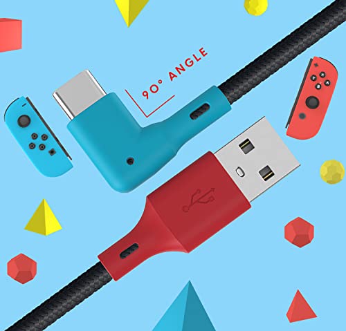 TALK WORKS Fast Charging Cable Compatible with Nintendo Switch, Switch Lite & OLED - USB-C Charger Cables - 10 ft. Long, Right-Angle Cable for Comfortable Mobile Gaming - Blue/Red (2 Pack)