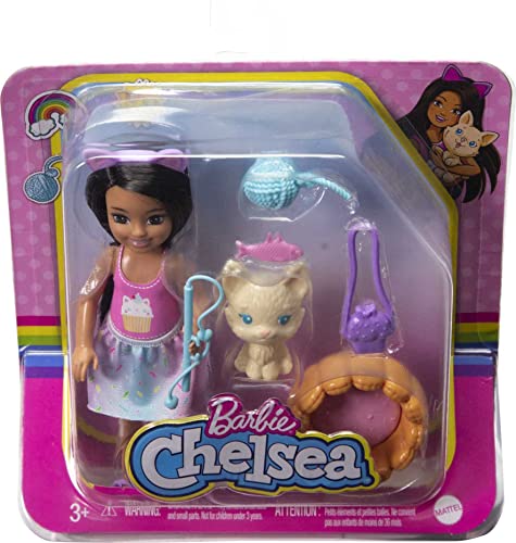 Barbie Chelsea Doll & Accessories, Brunette Doll with Removable Sprinkle-Print Skirt, Kitten, Pet Bed & More