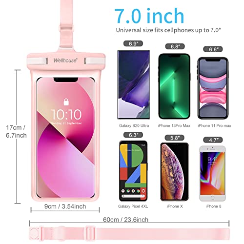 wellhouse Universal Waterproof Phone Pouch, Waterproof Phone Case Compatible for iPhone 14 13 12 11Pro Max XS Plus Samsung Galaxy S22 Cellphone Up to 7.0", IPX8 3D Cellphone Dry Bag for Vacation Pink