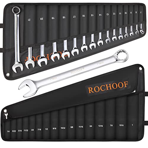 ROCHOOF Combination Wrench Set,32-Piece Chrome Vanadium Steel Wrench Set 12-Point SAE & Metric Wrenches 1/4"-1" and 7-22mm with Rolling Pouch