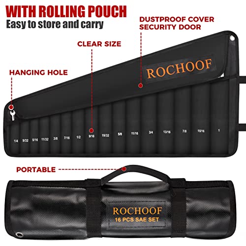 ROCHOOF Combination Wrench Set,32-Piece Chrome Vanadium Steel Wrench Set 12-Point SAE & Metric Wrenches 1/4"-1" and 7-22mm with Rolling Pouch