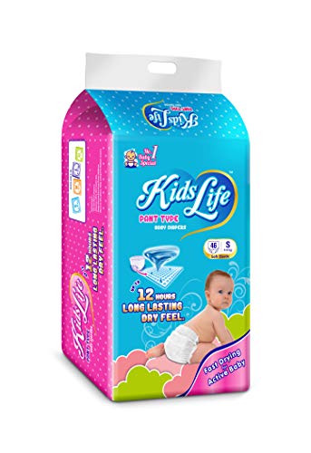 Kids Life Pant Type Baby Diapers, Soft Elastic, Upto 12 Hours Long Lasting Dry Feeling (Size S, 46 Diapers, 4-8 KG) (S)