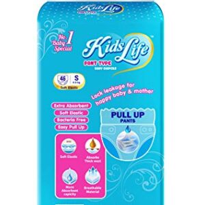 Kids Life Pant Type Baby Diapers, Soft Elastic, Upto 12 Hours Long Lasting Dry Feeling (Size S, 46 Diapers, 4-8 KG) (S)