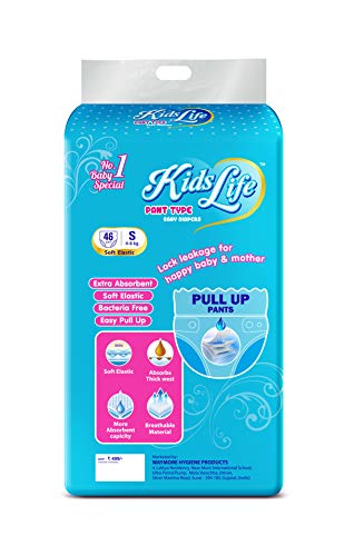 Kids Life Pant Type Baby Diapers, Soft Elastic, Upto 12 Hours Long Lasting Dry Feeling (Size S, 46 Diapers, 4-8 KG) (S)