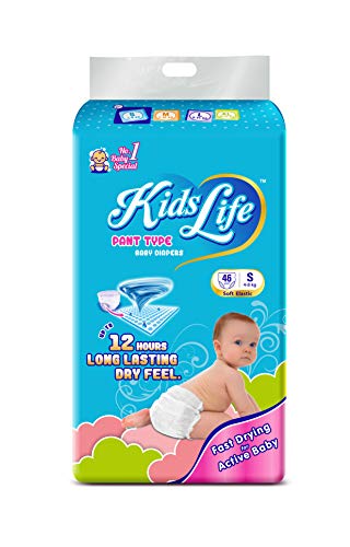 Kids Life Pant Type Baby Diapers, Soft Elastic, Upto 12 Hours Long Lasting Dry Feeling (Size S, 46 Diapers, 4-8 KG) (S)