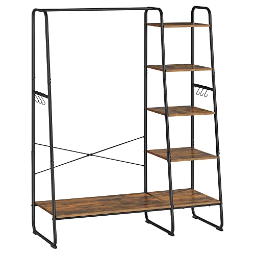 VASAGLE Clothes Rack, Clothing Rack with Shoe Shelf, 5-Tier Storage Rack, 6 Side Hooks, for Bedroom, Living Room, Rustic Brown and Black URGR116B01