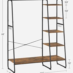 VASAGLE Clothes Rack, Clothing Rack with Shoe Shelf, 5-Tier Storage Rack, 6 Side Hooks, for Bedroom, Living Room, Rustic Brown and Black URGR116B01