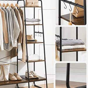 VASAGLE Clothes Rack, Clothing Rack with Shoe Shelf, 5-Tier Storage Rack, 6 Side Hooks, for Bedroom, Living Room, Rustic Brown and Black URGR116B01