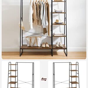 VASAGLE Clothes Rack, Clothing Rack with Shoe Shelf, 5-Tier Storage Rack, 6 Side Hooks, for Bedroom, Living Room, Rustic Brown and Black URGR116B01