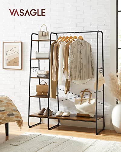 VASAGLE Clothes Rack, Clothing Rack with Shoe Shelf, 5-Tier Storage Rack, 6 Side Hooks, for Bedroom, Living Room, Rustic Brown and Black URGR116B01