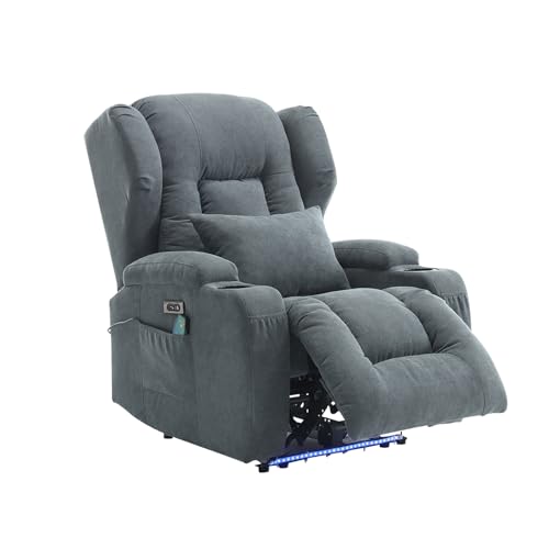 Houjud Power Recliner Chairs with Massage & Heat, Wingback Faux Leather Home Theater Seating with LED Lights, Theater Seating Recliner with Cup Holders, Lumbar Pillow, USB Port, Side Pocket(Bluegray)