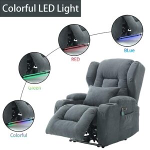 Houjud Power Recliner Chairs with Massage & Heat, Wingback Faux Leather Home Theater Seating with LED Lights, Theater Seating Recliner with Cup Holders, Lumbar Pillow, USB Port, Side Pocket(Bluegray)