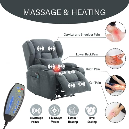 Houjud Power Recliner Chairs with Massage & Heat, Wingback Faux Leather Home Theater Seating with LED Lights, Theater Seating Recliner with Cup Holders, Lumbar Pillow, USB Port, Side Pocket(Bluegray)