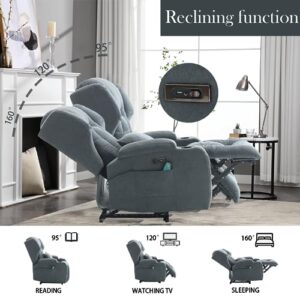 Houjud Power Recliner Chairs with Massage & Heat, Wingback Faux Leather Home Theater Seating with LED Lights, Theater Seating Recliner with Cup Holders, Lumbar Pillow, USB Port, Side Pocket(Bluegray)