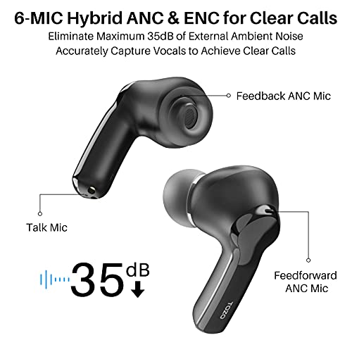 TOZO NC2 Hybrid Active Noise Cancelling Wireless Earbuds, in-Ear Detection Headphones, IPX6 Waterproof Bluetooth 5.2 Stereo Earphones, Immersive Sound Premium Deep Bass Headset, Black (Renewed)