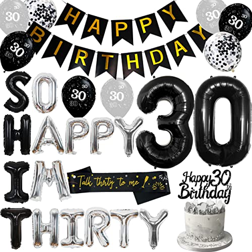 30th Birthday Decoration Black and Silver So Happy I’m Thirty Funny 30th Birthday Balloons for Men Women Talk Thirty to Me Sash Number 30 Foil Balloon Glitter Cake Topper