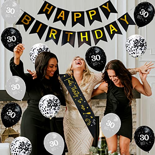 30th Birthday Decoration Black and Silver So Happy I’m Thirty Funny 30th Birthday Balloons for Men Women Talk Thirty to Me Sash Number 30 Foil Balloon Glitter Cake Topper