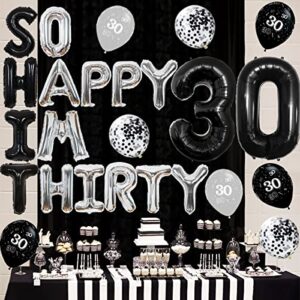 30th Birthday Decoration Black and Silver So Happy I’m Thirty Funny 30th Birthday Balloons for Men Women Talk Thirty to Me Sash Number 30 Foil Balloon Glitter Cake Topper