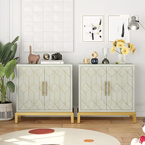 Function Home Accent Cabinet with Doors, Modern Wooden Sideboard Buffet Cabinet, Credenza Storage Cabinet for Living Room, Bedroom, Kitchen,Office and Entryway in Green/Gold