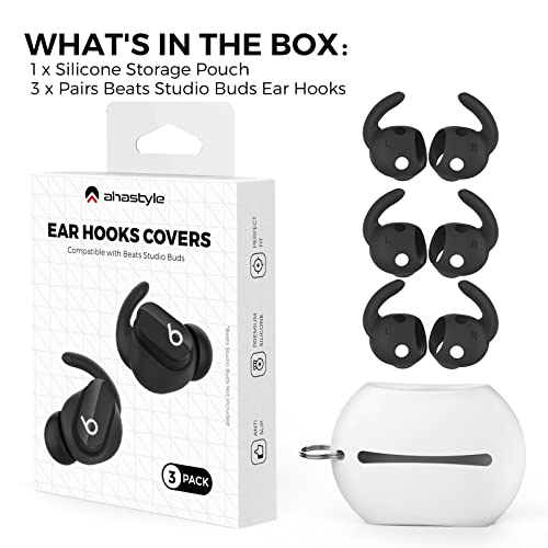 AhaStyle 3 Pairs Beats Studio Buds Ear Hooks Anti-Slip Ear Covers Silicone Accessories【Not Fit in The Charging Case】 Compatiable with New Beats Studio Buds 2021 (Black)