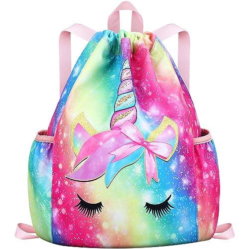 RHCPFOVR Drawstring Backpack for Kids - Unicorn Bags for Girls Mini Gym Dance Beach Swim Travel Bag With Two Water Bottle Holder