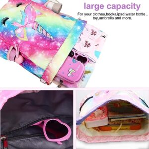 RHCPFOVR Drawstring Backpack for Kids - Unicorn Bags for Girls Mini Gym Dance Beach Swim Travel Bag With Two Water Bottle Holder