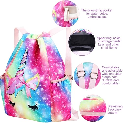 RHCPFOVR Drawstring Backpack for Kids - Unicorn Bags for Girls Mini Gym Dance Beach Swim Travel Bag With Two Water Bottle Holder