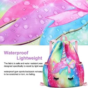 RHCPFOVR Drawstring Backpack for Kids - Unicorn Bags for Girls Mini Gym Dance Beach Swim Travel Bag With Two Water Bottle Holder