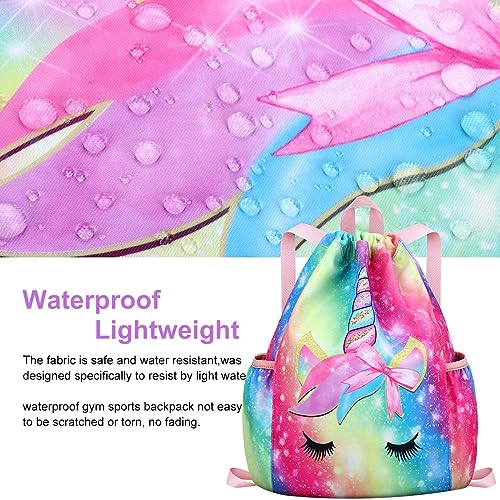 RHCPFOVR Drawstring Backpack for Kids - Unicorn Bags for Girls Mini Gym Dance Beach Swim Travel Bag With Two Water Bottle Holder