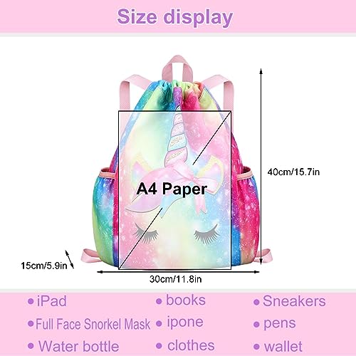 RHCPFOVR Drawstring Backpack for Kids - Unicorn Bags for Girls Mini Gym Dance Beach Swim Travel Bag With Two Water Bottle Holder