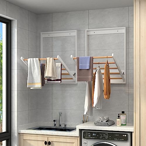 Facilehome Wall Mounted Clothing Rack,Laundry Clothes Drying Rack Foldable,Wood Drying Rack for Hanging Clothes Space Saving,White