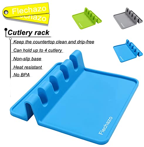 Silicone kitchenware mat-multi-spoon rack for kitchen countertops, cutlery rack with drip pad, suitable for cooking utensils such as barbecue tongs, spoons, etc., essential for party kitchens (blue)