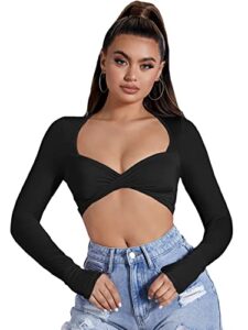 shein women's long sleeve crop top notch neck solid twist front tee shirt black s