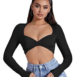 SheIn Women's Long Sleeve Crop Top Notch Neck Solid Twist Front Tee Shirt Black S