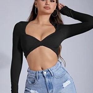 SheIn Women's Long Sleeve Crop Top Notch Neck Solid Twist Front Tee Shirt Black S