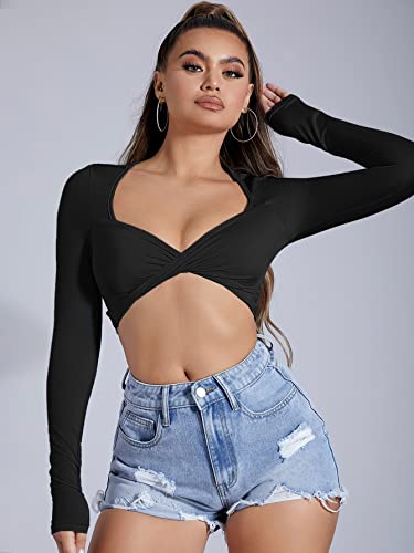 SheIn Women's Long Sleeve Crop Top Notch Neck Solid Twist Front Tee Shirt Black S