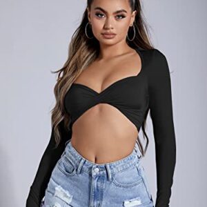 SheIn Women's Long Sleeve Crop Top Notch Neck Solid Twist Front Tee Shirt Black S