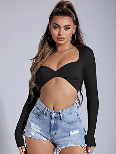 SheIn Women's Long Sleeve Crop Top Notch Neck Solid Twist Front Tee Shirt Black S