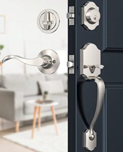 brightify satin nickel front door handle, satin nickel door handle with door lever, modern front door handle set, adjustable deadbolt lock set with single cylinder, reversible for right&left