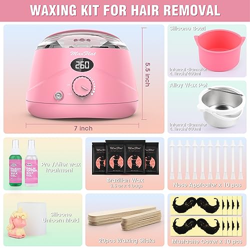 Wax Machine, Hard Wax Kit for Hair Removal MaxFlat Wax Pot at Home Waxing Kit for Women with 4 Bag Rose Hard Wax Beans 14.1oz, 20 Wax Applicator Sticks for Full Body