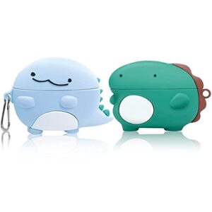 2 pack airpods pro case cute,3d kawaii soft silicone cartoon animal fun funny cool protective cover skin for apple airpod pro case with keychain for women girls boys kid teen-dinosaur(blue+green)