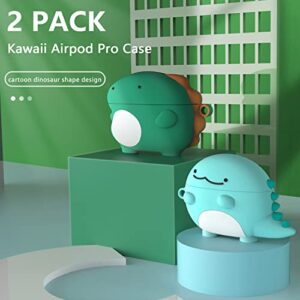 2 Pack Airpods Pro Case Cute,3D Kawaii Soft Silicone Cartoon Animal Fun Funny Cool Protective Cover Skin for Apple Airpod Pro Case with Keychain for Women Girls Boys Kid Teen-Dinosaur(Blue+Green)