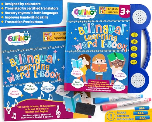 GUFINO Spanish & English Learning Toys Electronic Book; Kids Learning Toys for 3 Year Olds and Older. ABC Learning for Toddlers, Numbers, Songs, Colors; Best Toddler Learning Toys for 3+ Year Olds.