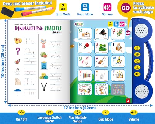 GUFINO Spanish & English Learning Toys Electronic Book; Kids Learning Toys for 3 Year Olds and Older. ABC Learning for Toddlers, Numbers, Songs, Colors; Best Toddler Learning Toys for 3+ Year Olds.