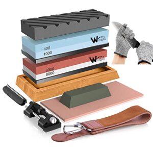 whetstone knife sharpener - 400/1000 3000/8000 grit wet stone knife sharpening kit for knives chisel with non-slip rubber base angle guide flattening leather strop cut resistant gloves