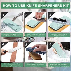 Whetstone Knife Sharpener - 400/1000 3000/8000 Grit Wet Stone Knife sharpening kit for knives chisel with Non-slip Rubber Base Angle Guide Flattening Leather Strop Cut Resistant Gloves