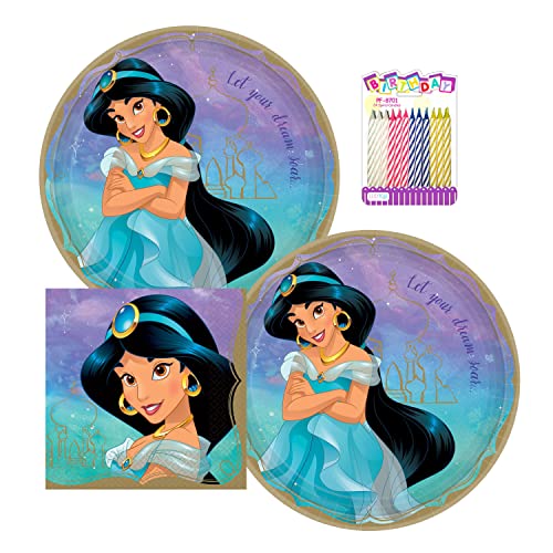 Disney Princess Jasmine Party Supplies Pack Serves 16-9 Inch Plates and Luncheon Napkins withh Birthday Candles - Aladdin - Bundle for 16 -