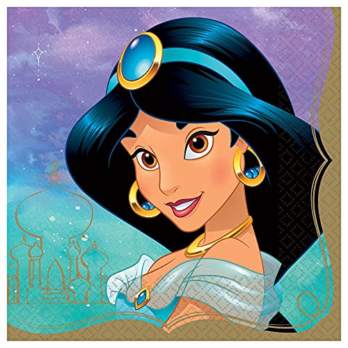 Disney Princess Jasmine Party Supplies Pack Serves 16-9 Inch Plates and Luncheon Napkins withh Birthday Candles - Aladdin - Bundle for 16 -