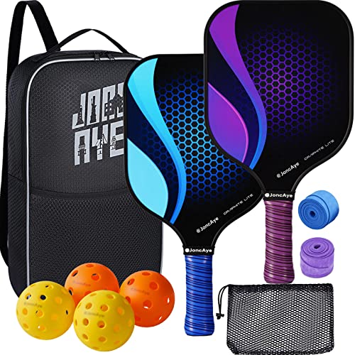 JoncAye Graphite-Pickleball-Paddles-Set, 2 Pickleball-Rackets, 1 Carry Bag, 4 Indoor Outdoor Balls, 1 Mesh Ball Bag, 2 Over-Grips, Raquette-Set of 2, Blue, Purple | Pickleball Gifts